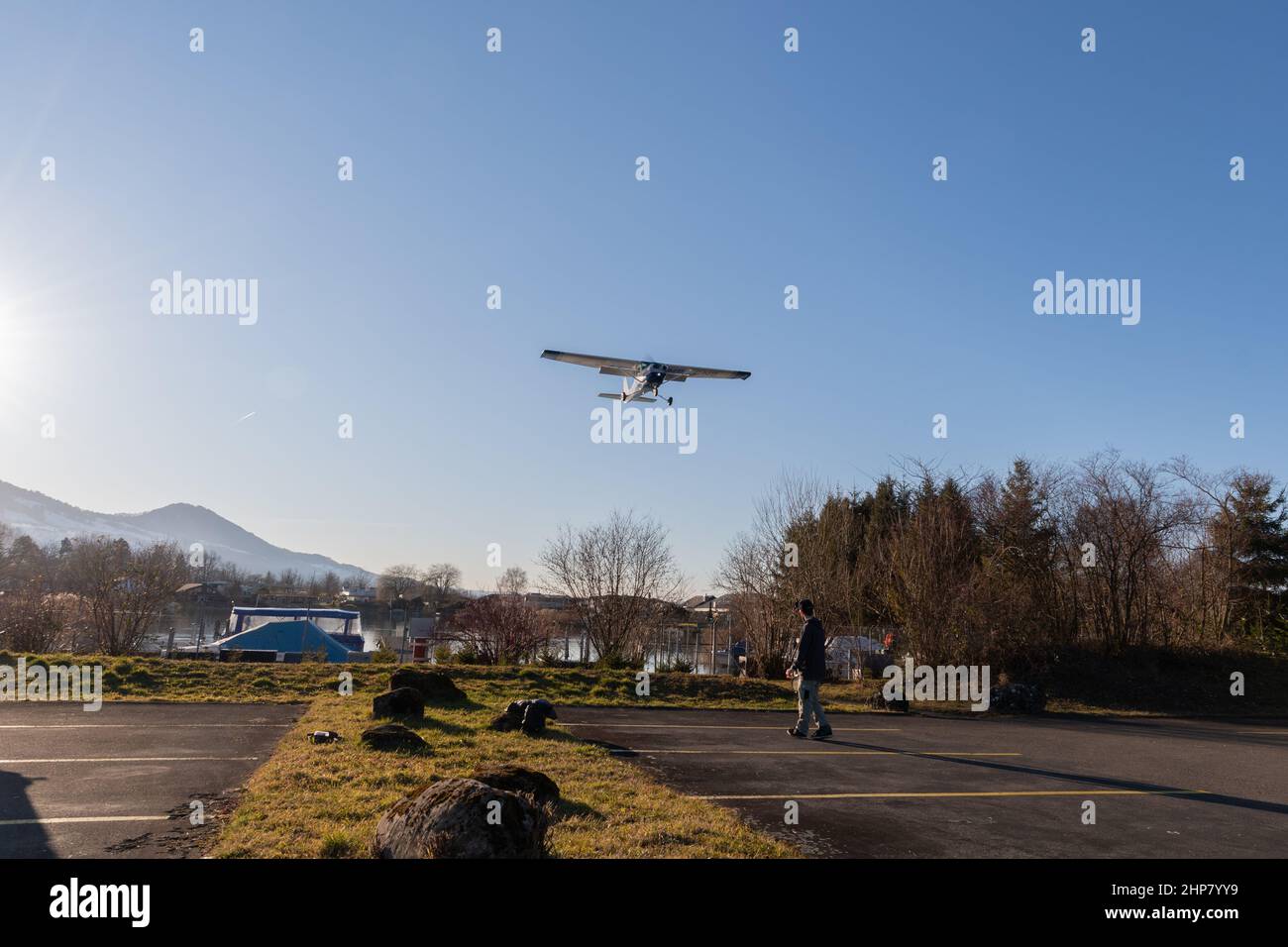Wangen-Lachen, Switzerland, February 13, 2022 Cessna F152 airplane is ...