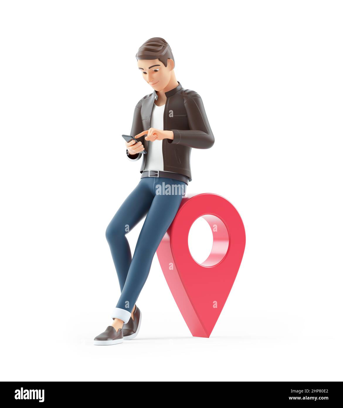 3d cartoon man using smartphone next to map pin, illustration isolated ...