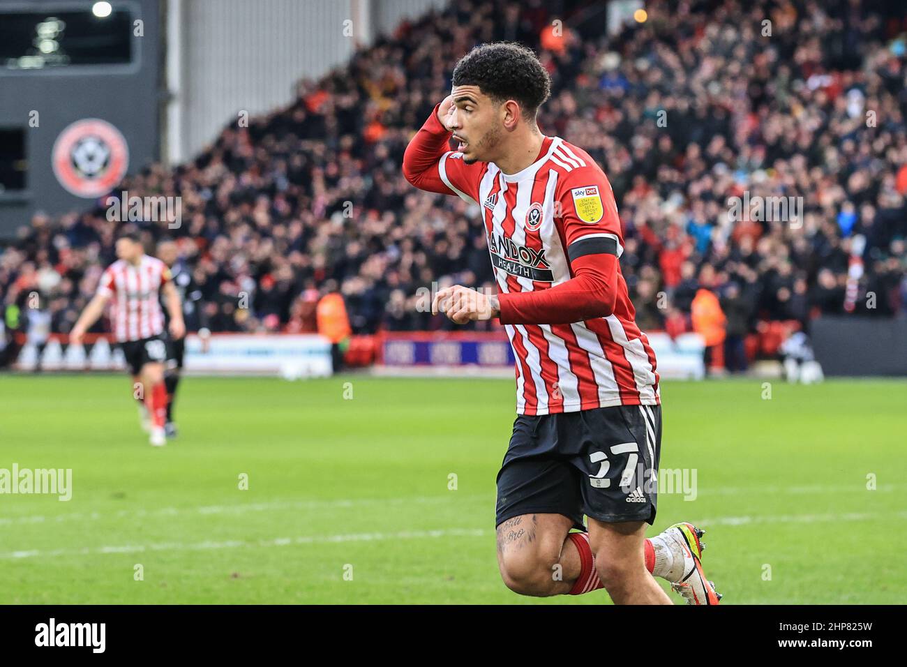 Morgan Gibbs-White #27 of Sheffield United celebrates his goal to make ...