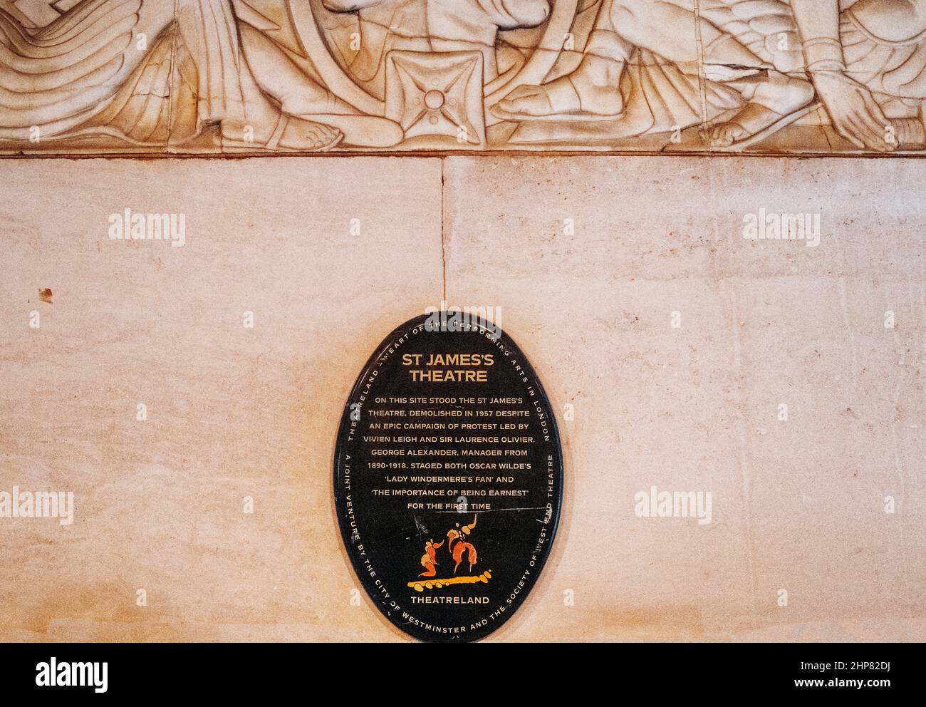 Plaque commemorating the location of the old St James Theatre in London ...
