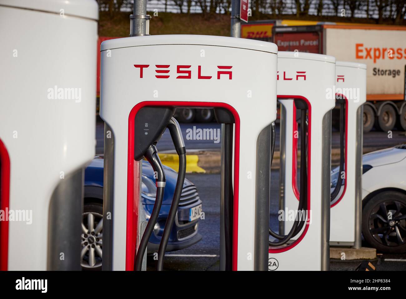 M6 Motorway Tesla Supercharger electric car chargers at Welcome Break ...