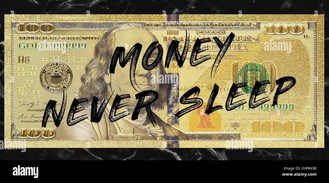 Money Never Sleeps golden , money in colors and golden texture, concept ...