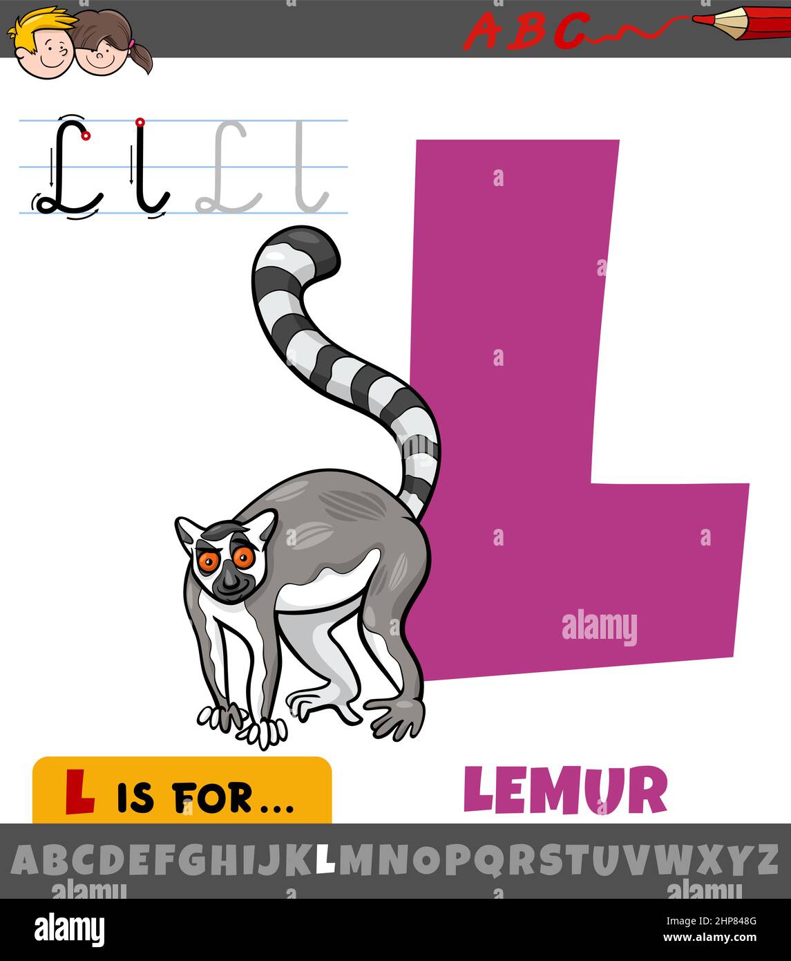 letter L from alphabet with cartoon lemur animal character Stock Vector ...