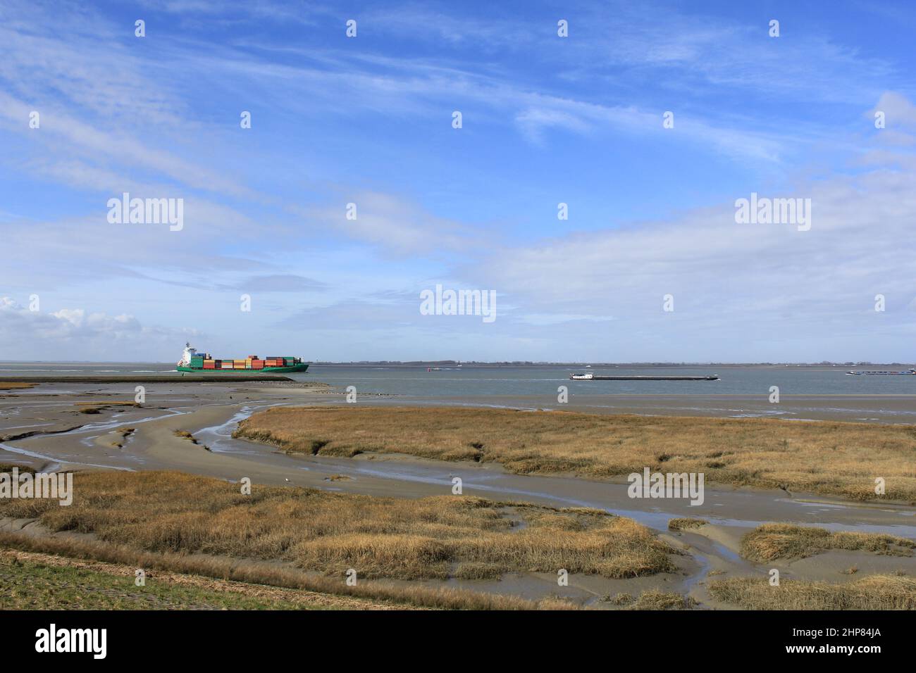 a green container ship and a barge are sailing along a salt marsh with ...