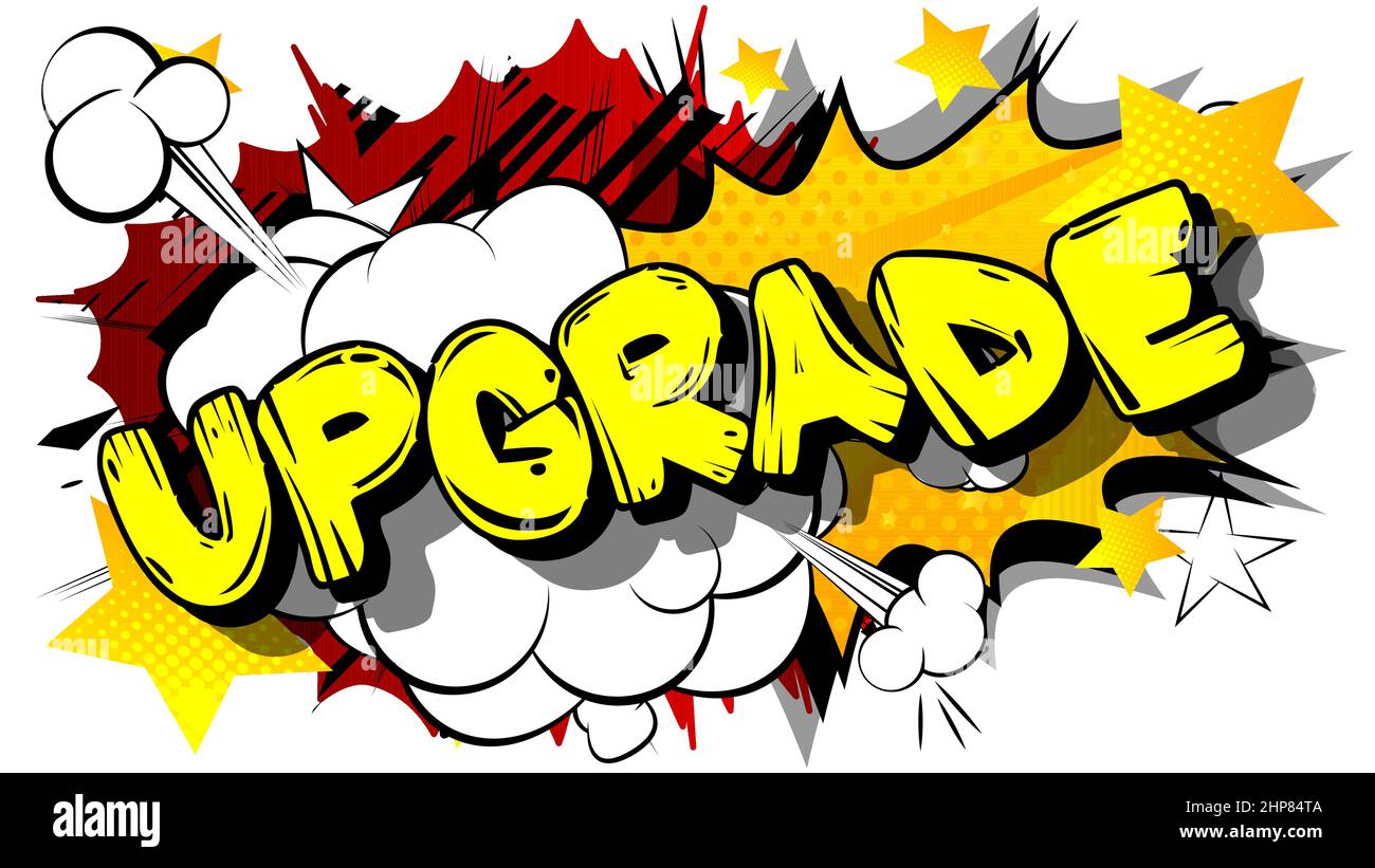 Upgrade. Comic book word text on abstract comics background Stock ...