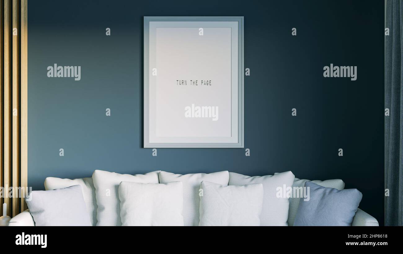 Modern interior of a room with an empty painting. Sofa and large window ...