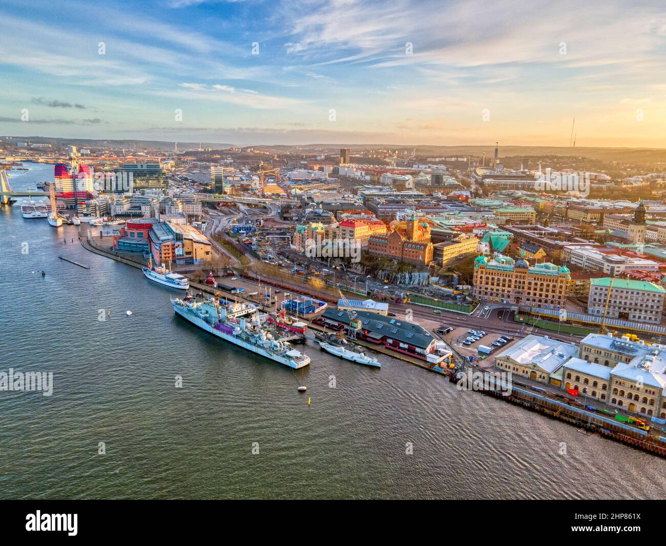 Gothenburg, Sweden: areal view of the harbour area. The red and white ...