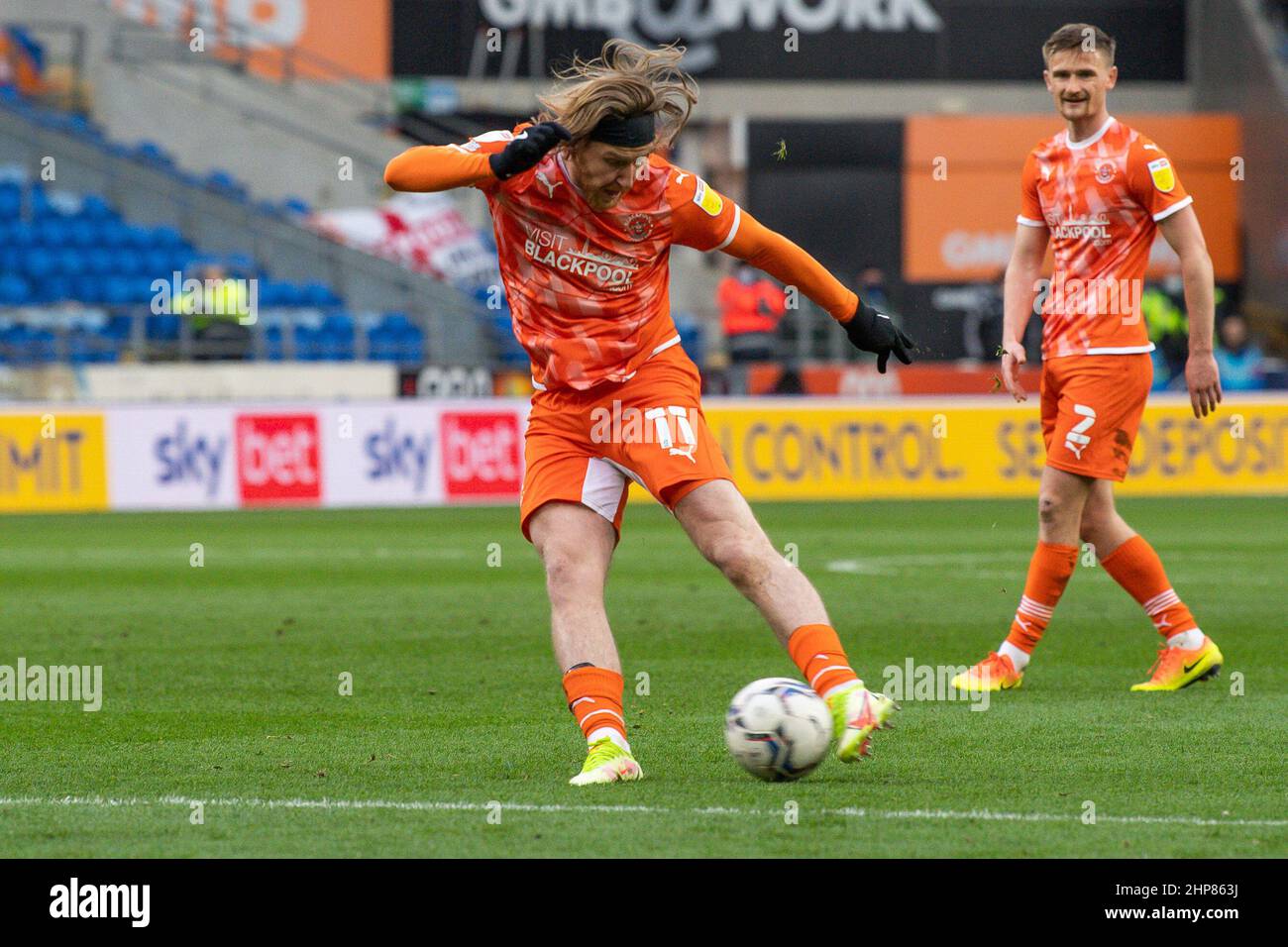 Josh Bowler #11 of Blackpool shoots on goal Stock Photo - Alamy