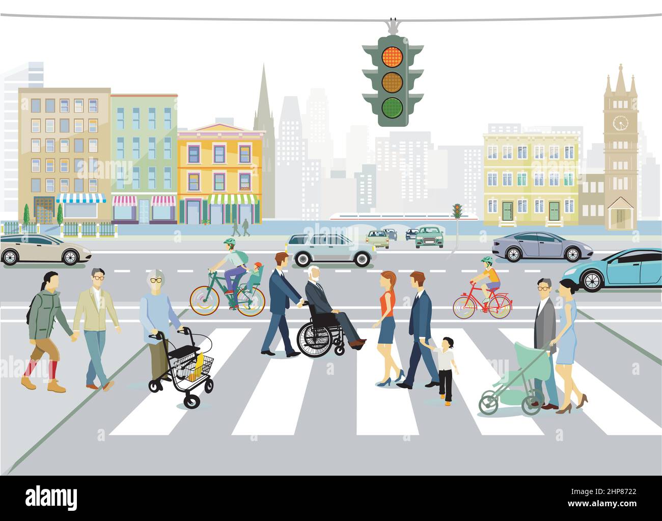 Big city with pedestrians and road traffic, illustration Stock Vector ...