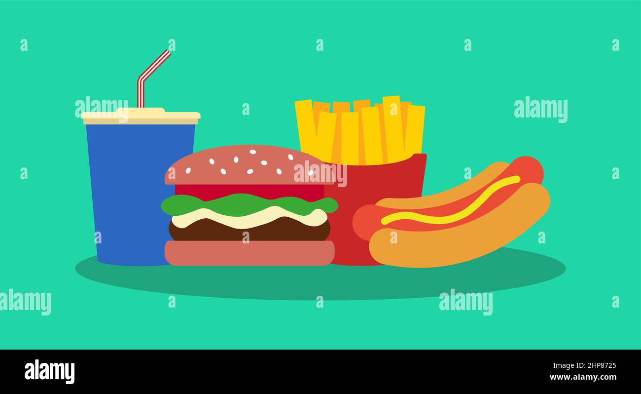 Fast food vector illustration. Junk food icon. Hot dog, french fries ...