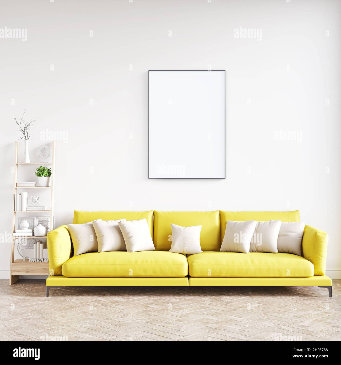 Modern interior of a room with an empty painting. Sofa and large window ...