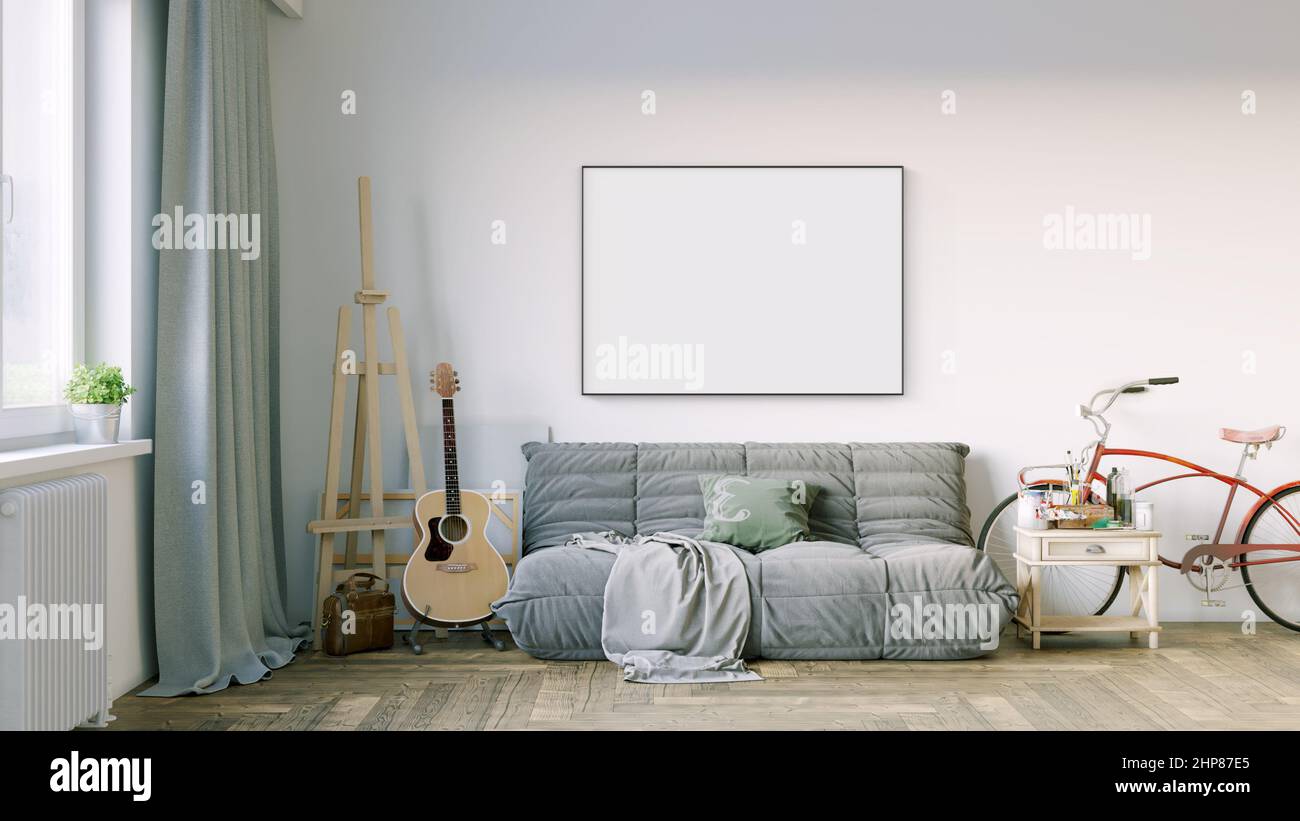 Modern interior of a room with an empty painting. Sofa and large window ...