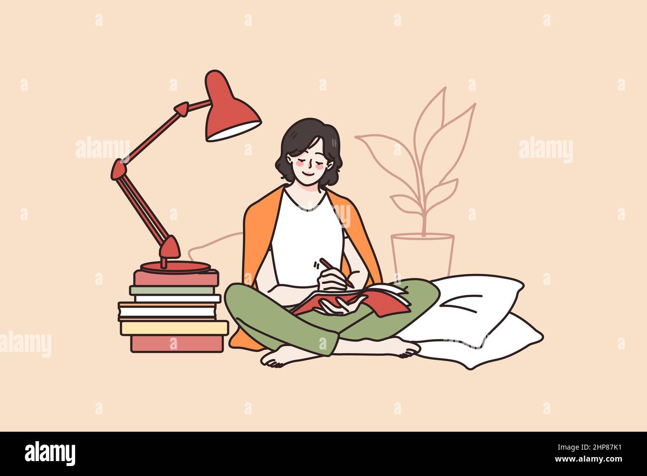 Happy girl sit at home write study with books Stock Vector Image & Art ...