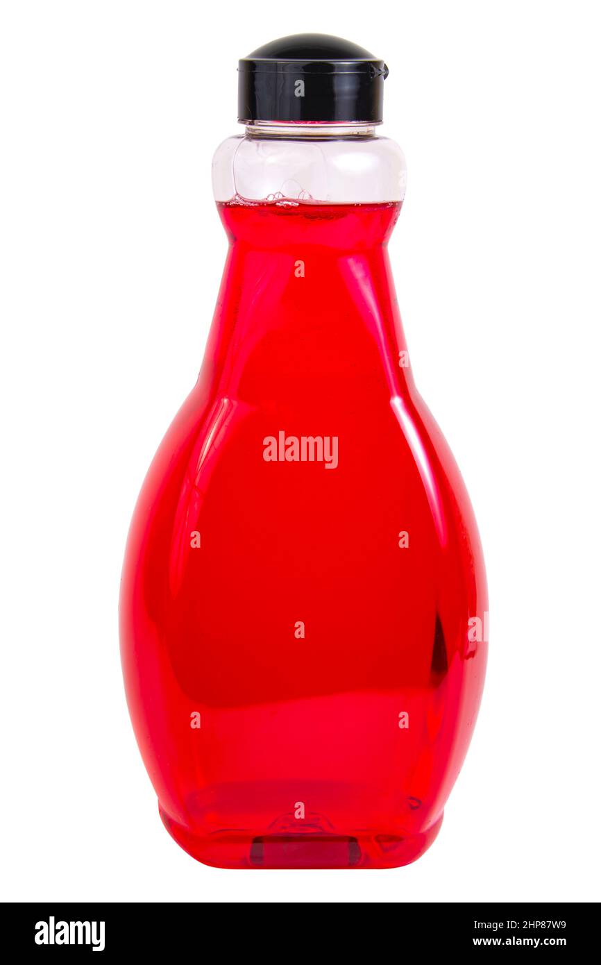 Red liquid soap in plastic bottle isolated on the white background ...