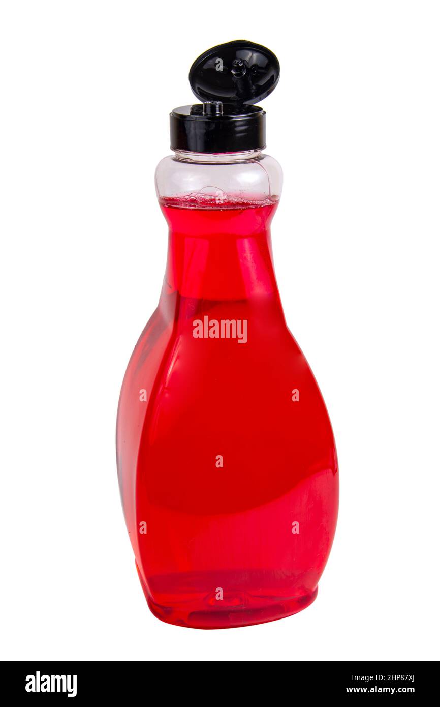 Red liquid soap in plastic bottle isolated on the white background ...