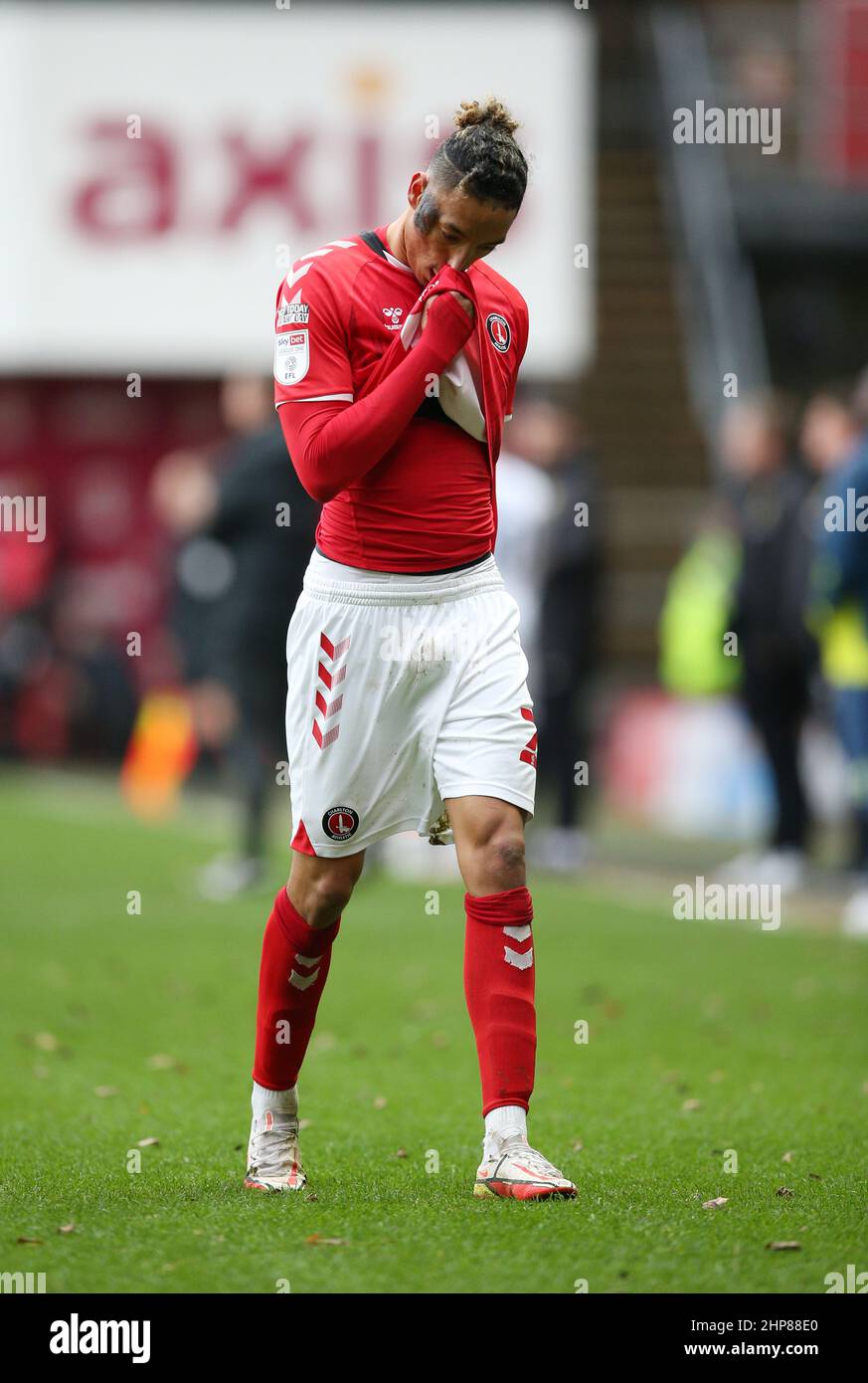 Charlton Athletic's Sean Clare leaving the pitch looking dejected after ...