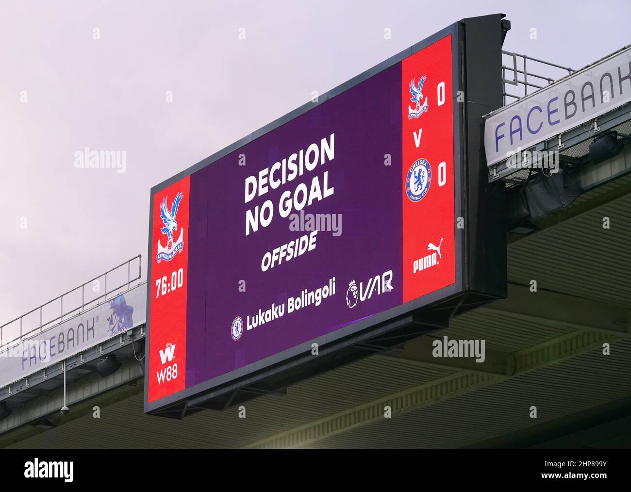 The big screen shows the VAR decision of no goal for Chelsea’s Hakim ...