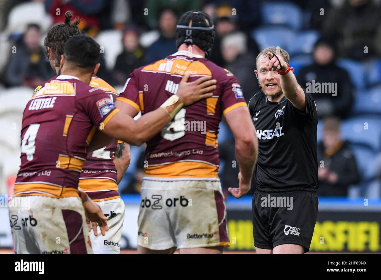 Referee Robert Hicks sends Chris Hill #8 of Huddersfield Giants to the ...