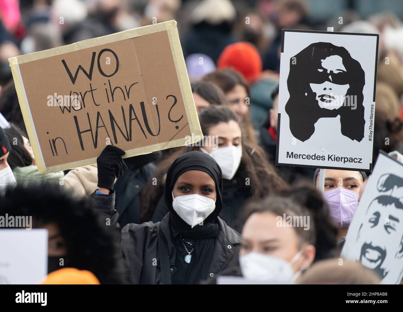 Hanau, Germany. 19th Feb, 2022. With posters and pictures of those ...