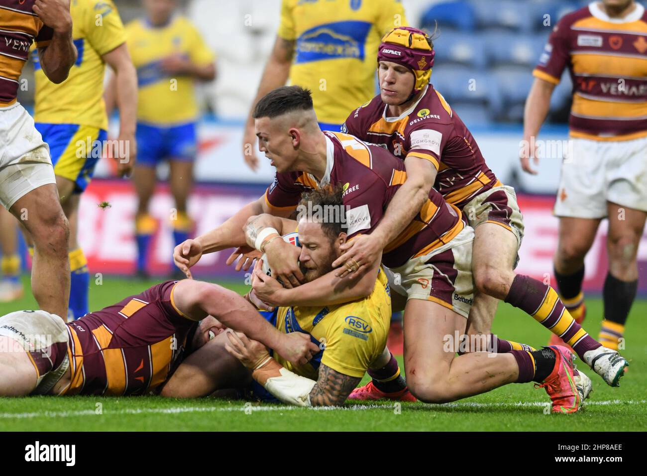 Korbin Sims #16 of Hull KR goes close but is held up near the try line ...