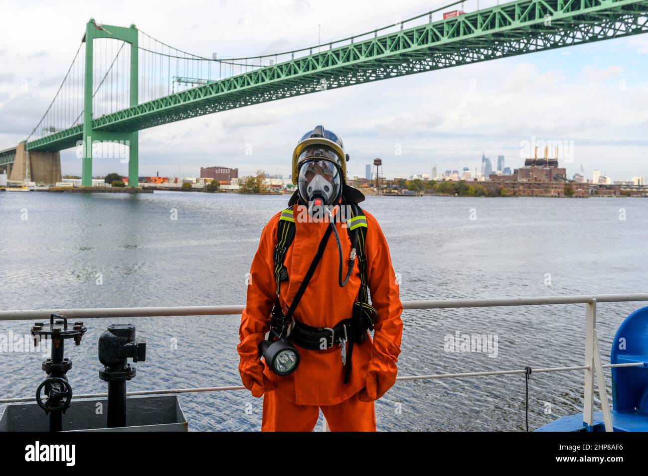 Fireman. Fire fighting equipment. Fire drill. Seaman with fire-fighter ...