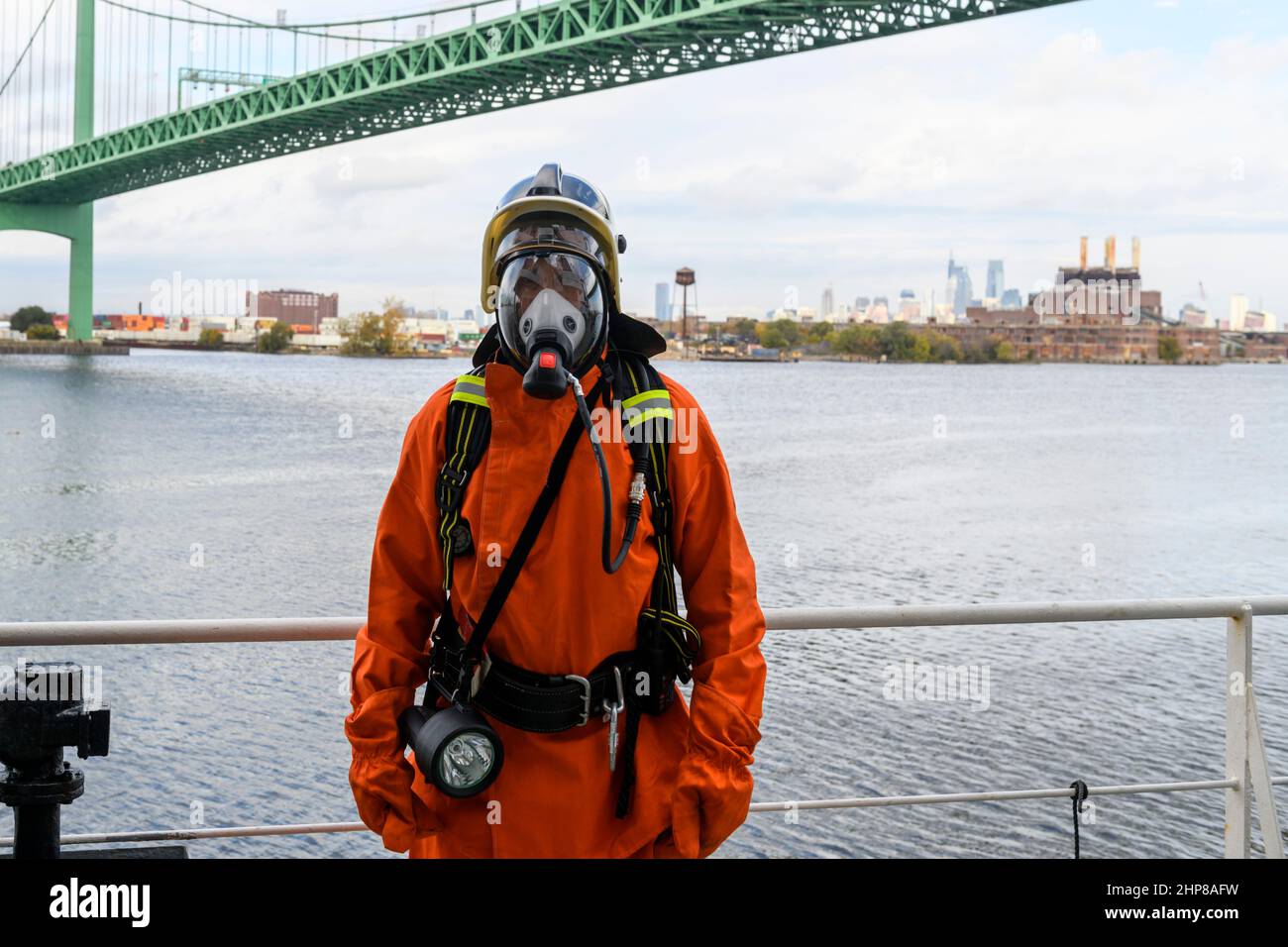 Fireman. Fire fighting equipment. Fire drill. Seaman with fire-fighter ...