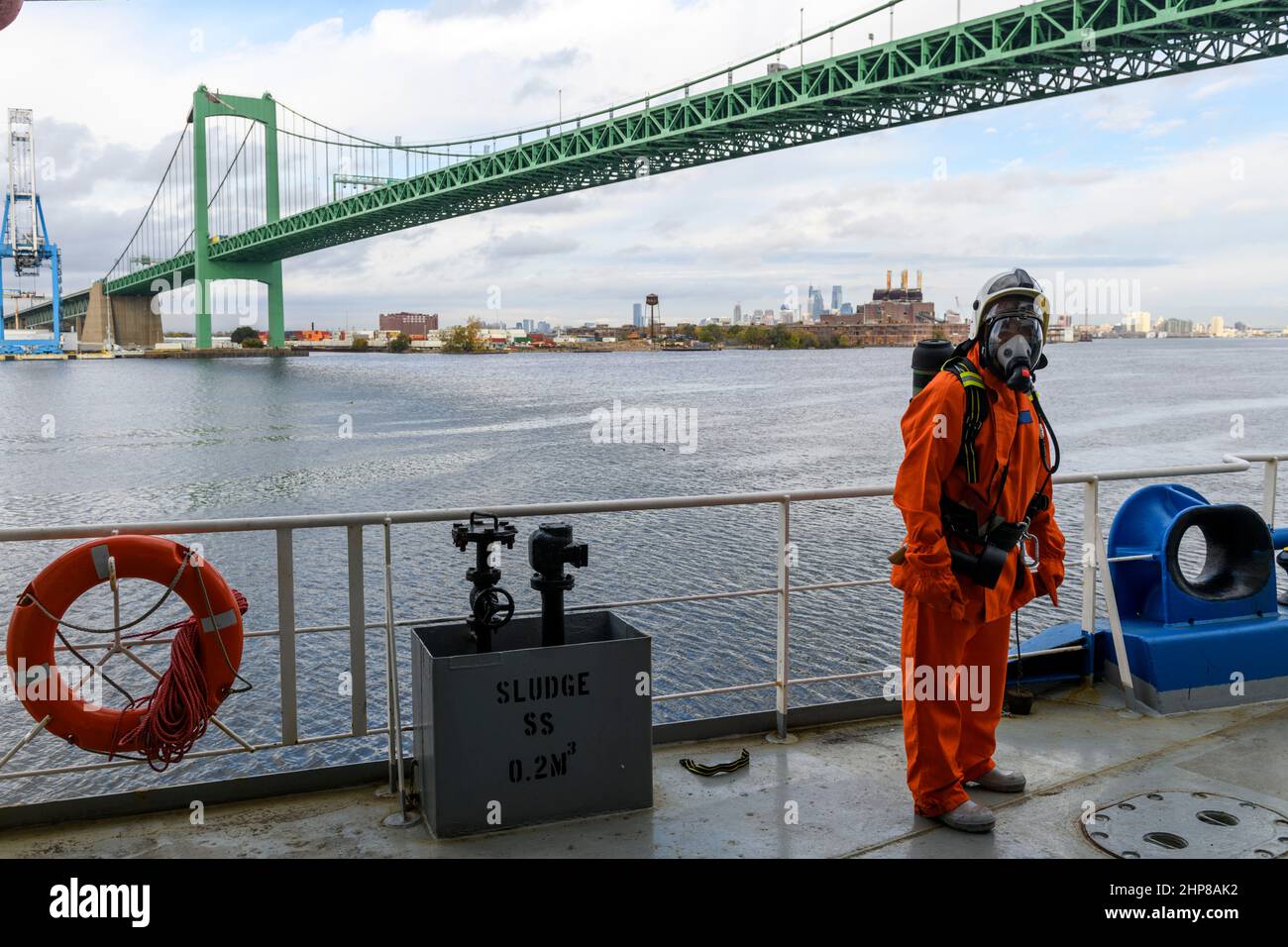 Fireman. Fire fighting equipment. Fire drill. Seaman with fire-fighter ...