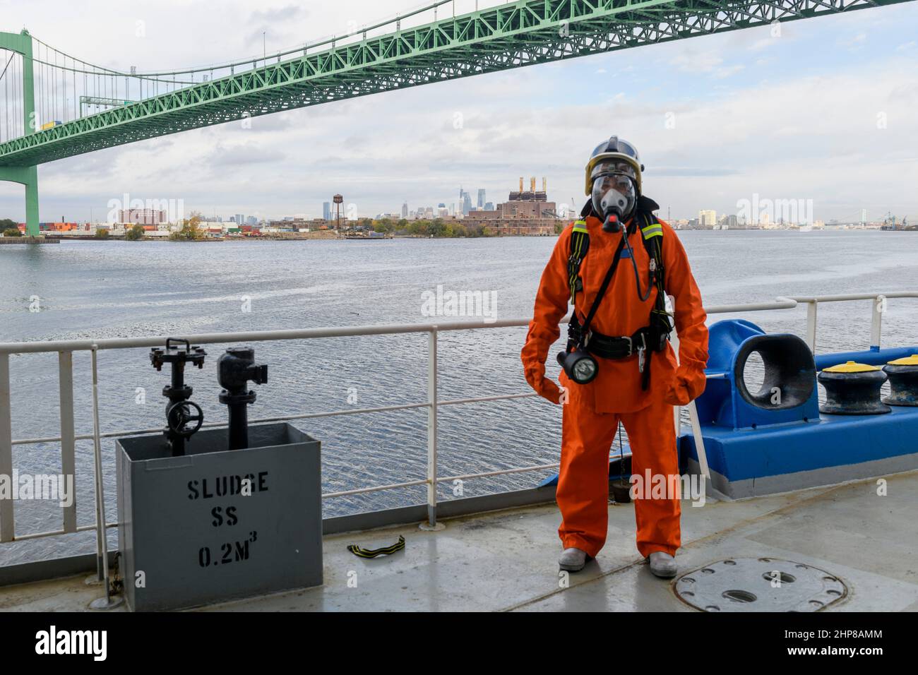 Fireman. Fire fighting equipment. Fire drill. Seaman with fire-fighter ...