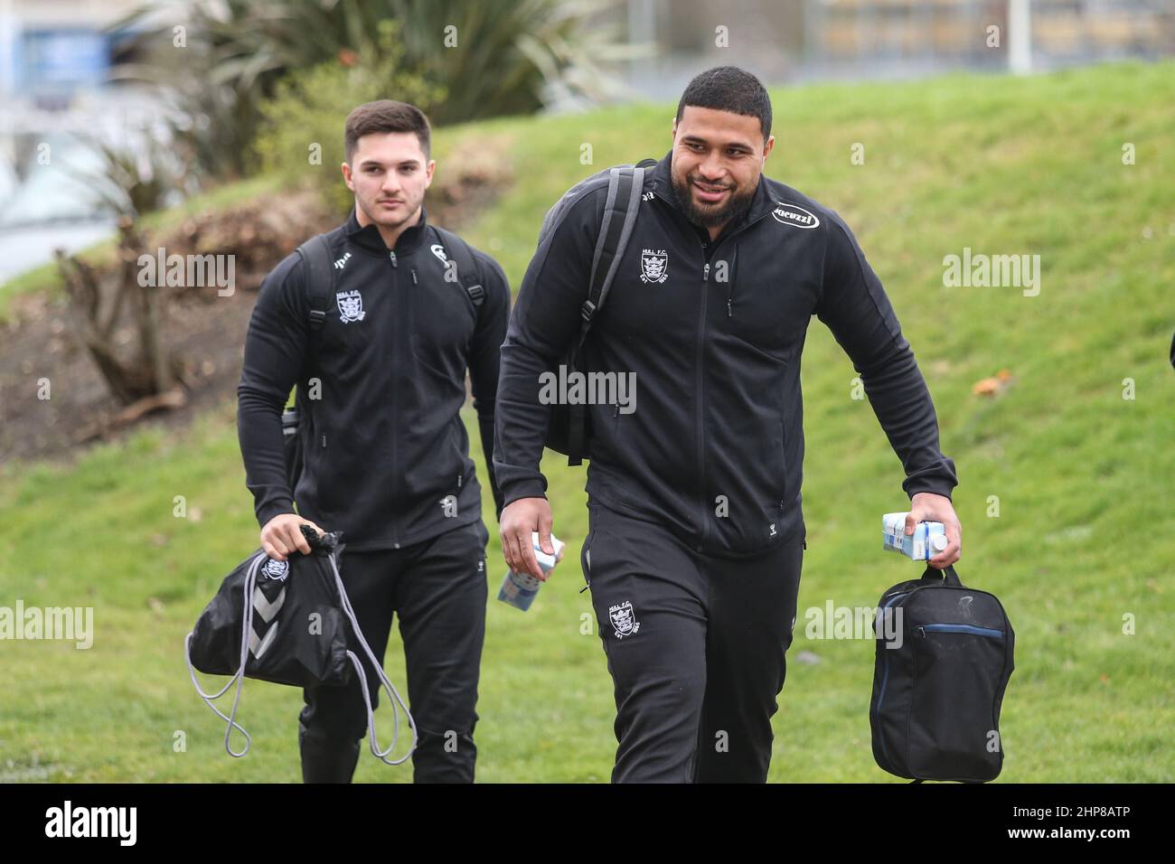 Ben McNamara (19) and Chris Satae (10) of Hull FC arrive at the MKM ...