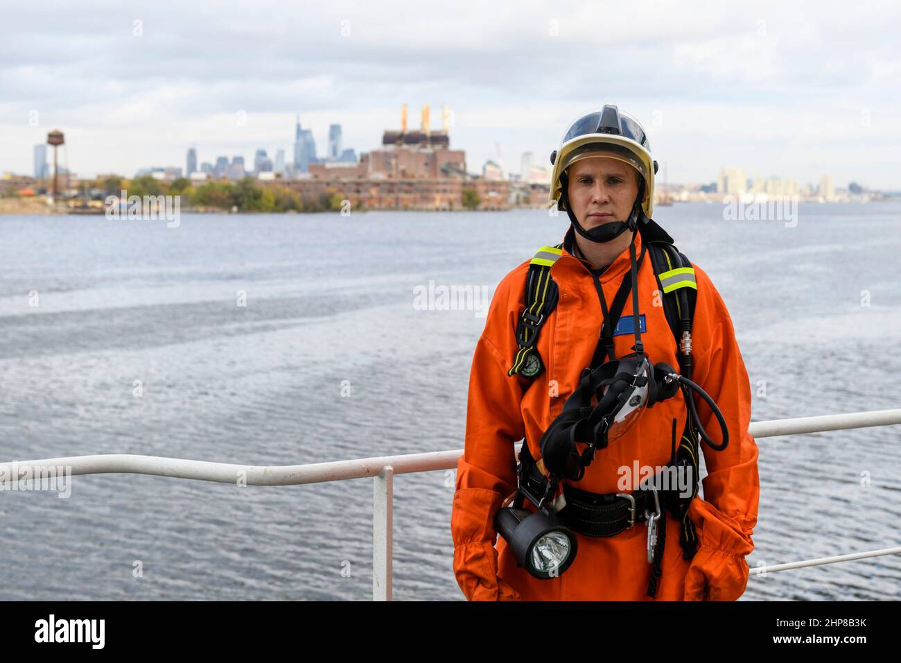 Fireman. Fire fighting equipment. Fire drill. Seaman with fire-fighter ...