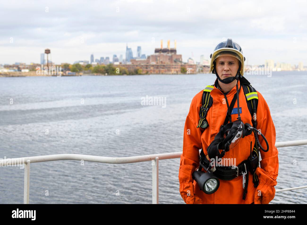 Fireman. Fire fighting equipment. Fire drill. Seaman with fire-fighter ...