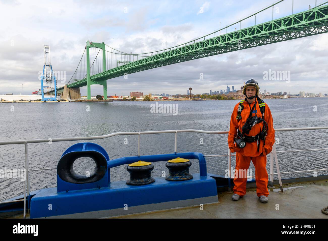 Fireman. Fire fighting equipment. Fire drill. Seaman with fire-fighter ...