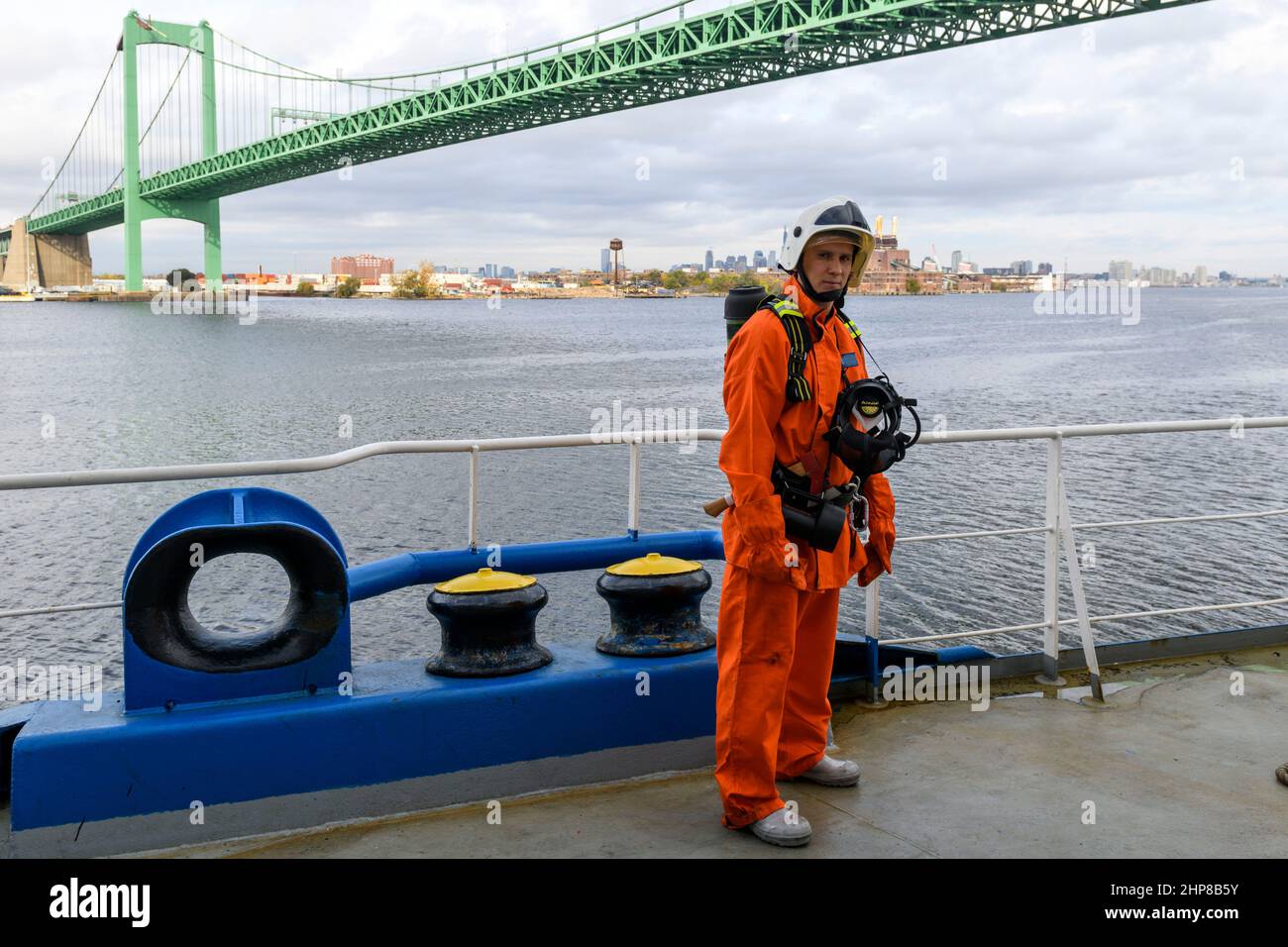 Fireman. Fire fighting equipment. Fire drill. Seaman with fire-fighter ...