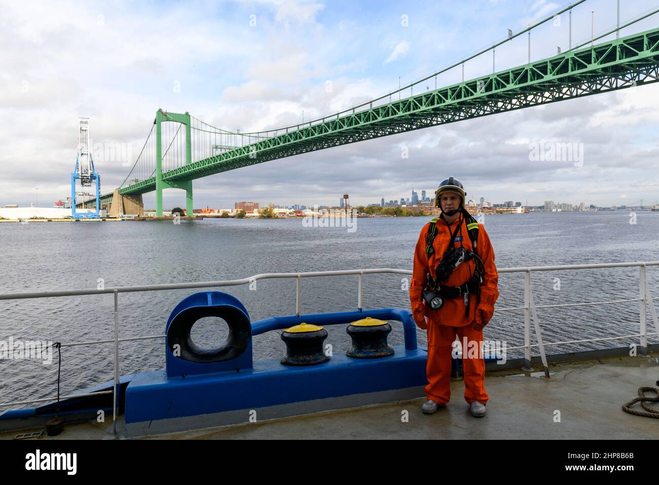 Fireman. Fire fighting equipment. Fire drill. Seaman with fire-fighter ...