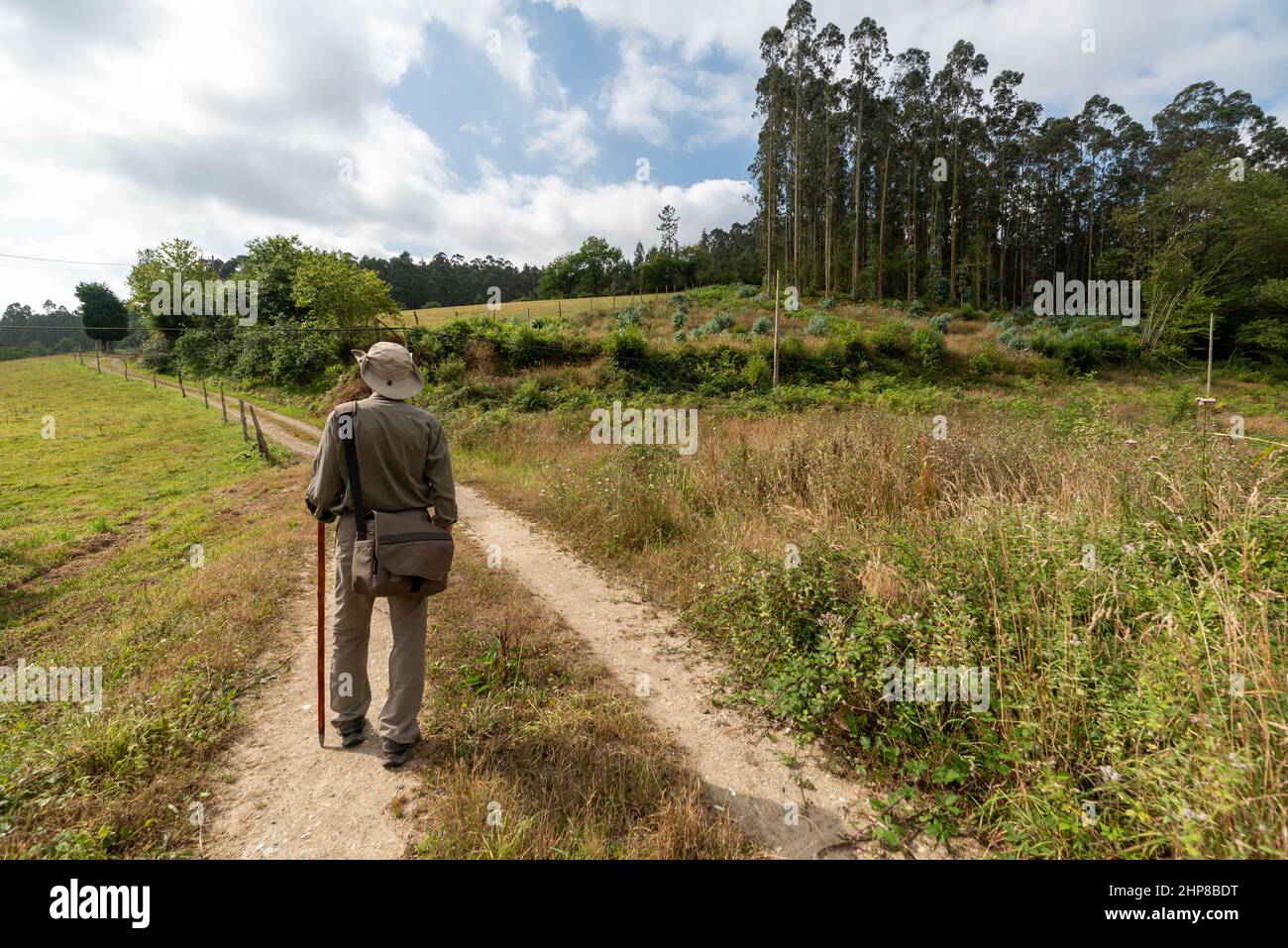 Backpacker pilgrim traveling the Camino de Santiago. Way of St James ...