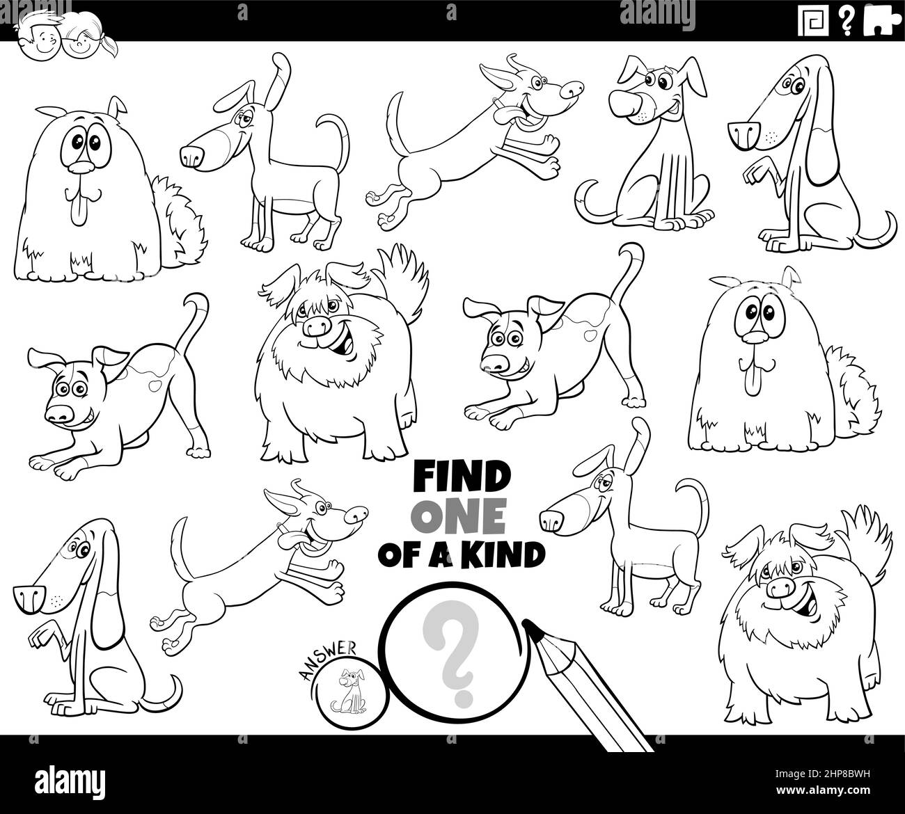 one of a kind task with funny dogs coloring book page Stock Vector ...
