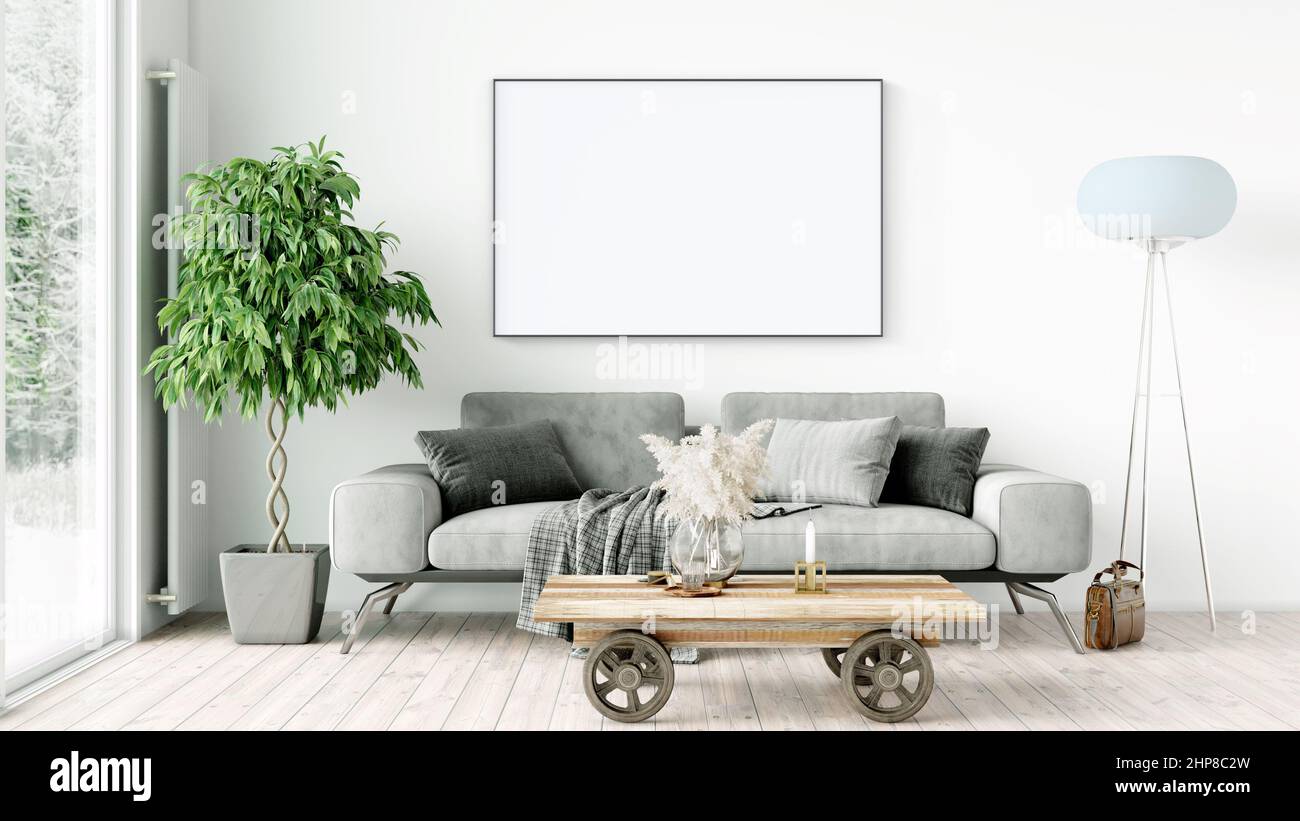 Modern interior of a room with an empty painting. Sofa and large window ...