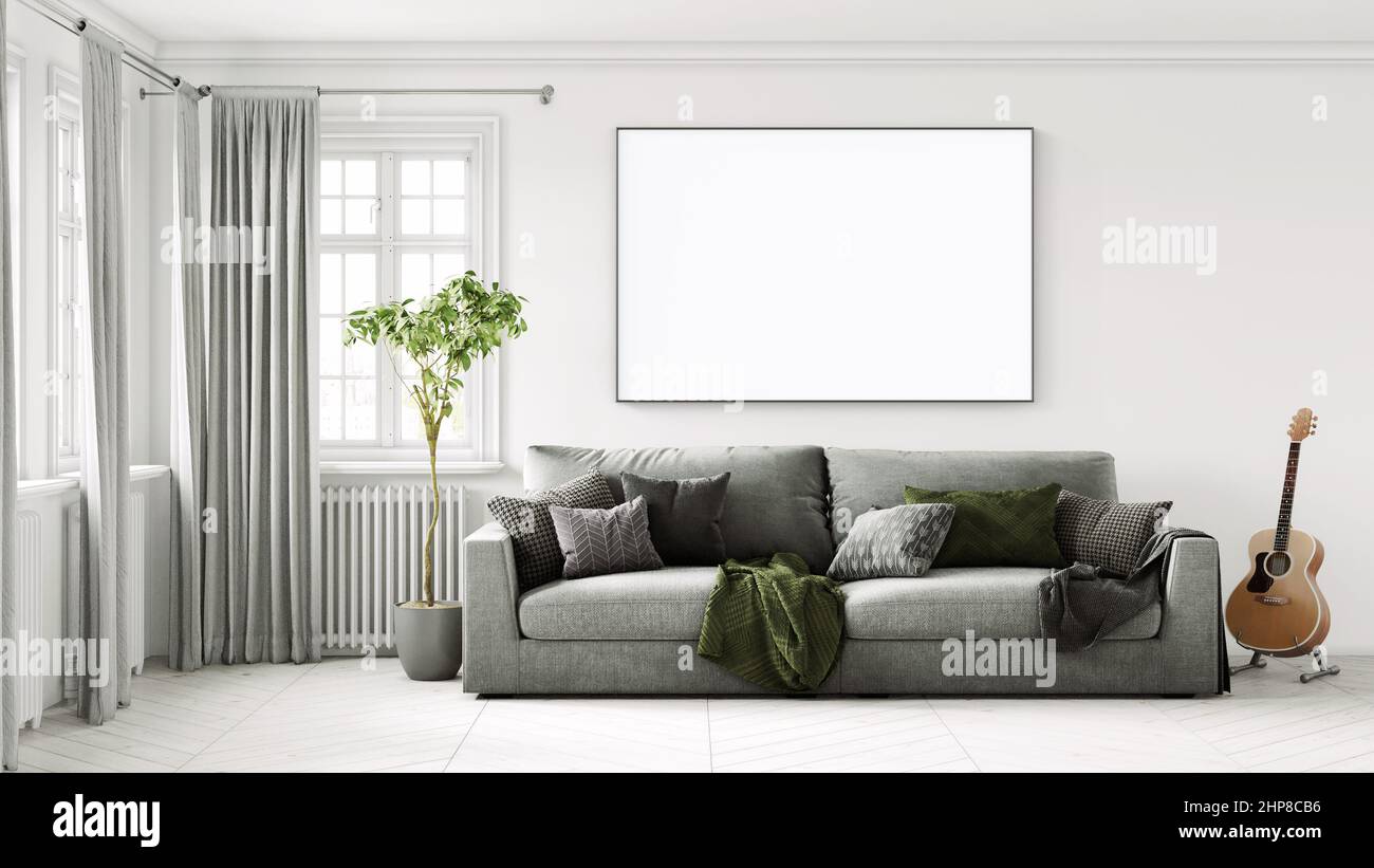 Modern interior of a room with an empty painting. Sofa and large window ...