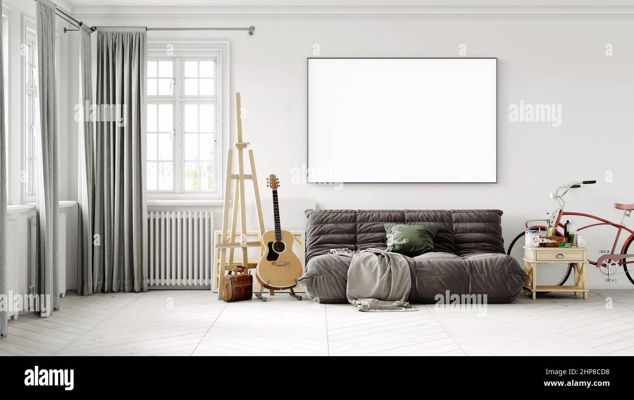 Modern interior of a room with an empty painting. Sofa and large window ...