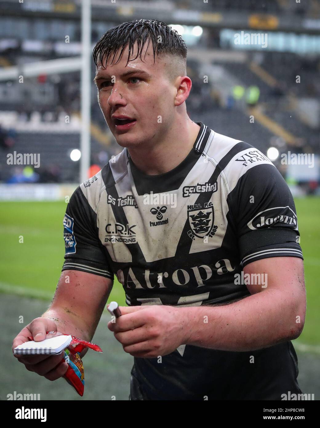 Hull, UK. 19th Feb, 2022. Connor Wynne #23 of Hull FC speaks with the ...