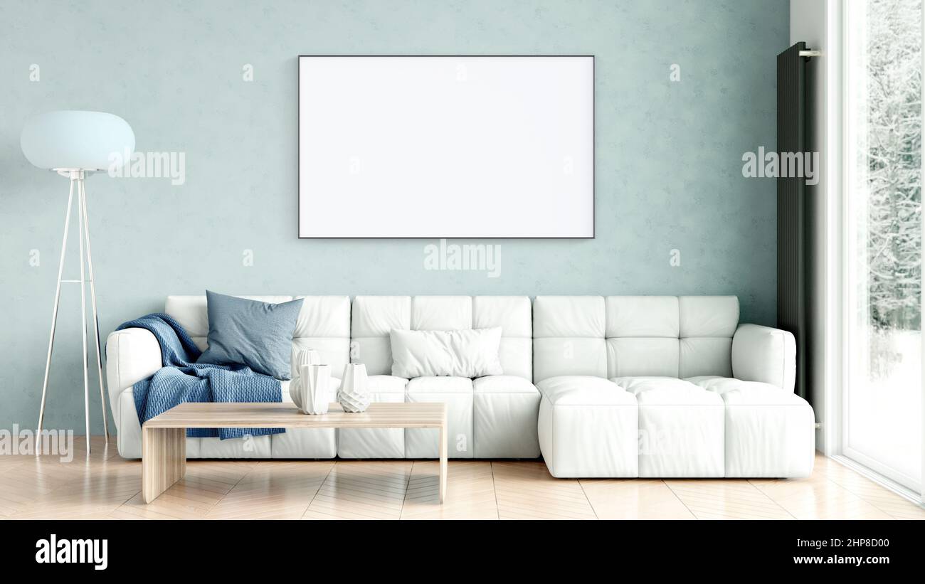 Modern interior of a room with an empty painting. Sofa and large window ...