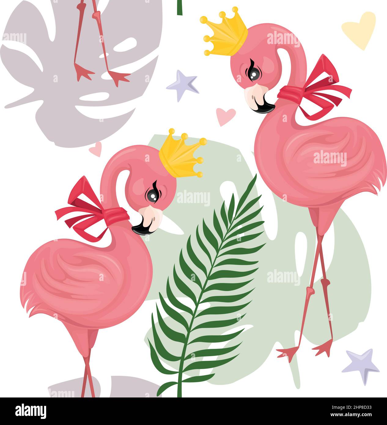 A cute cartoon seamless patternfeaturing a pink flamingo wearing a ...
