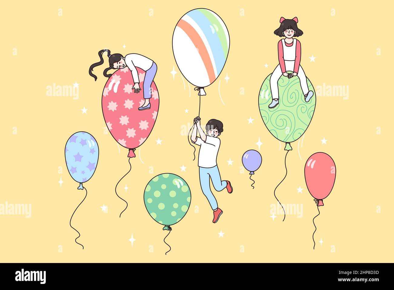 Happy children flying on colorful balloons in sky Stock Vector Image ...