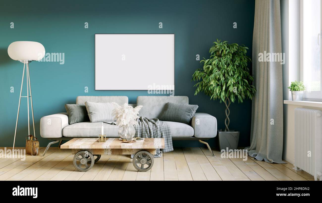 Modern interior of a room with an empty painting. Sofa and large window ...