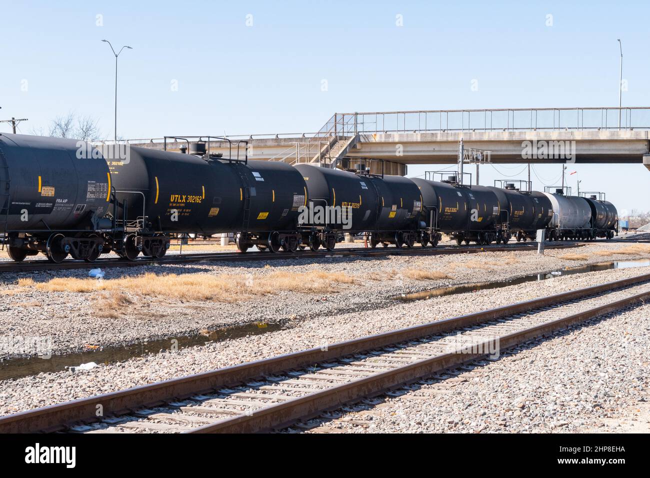 Taylor, Texas USA - Several railroad petrochemical tank cars connected ...