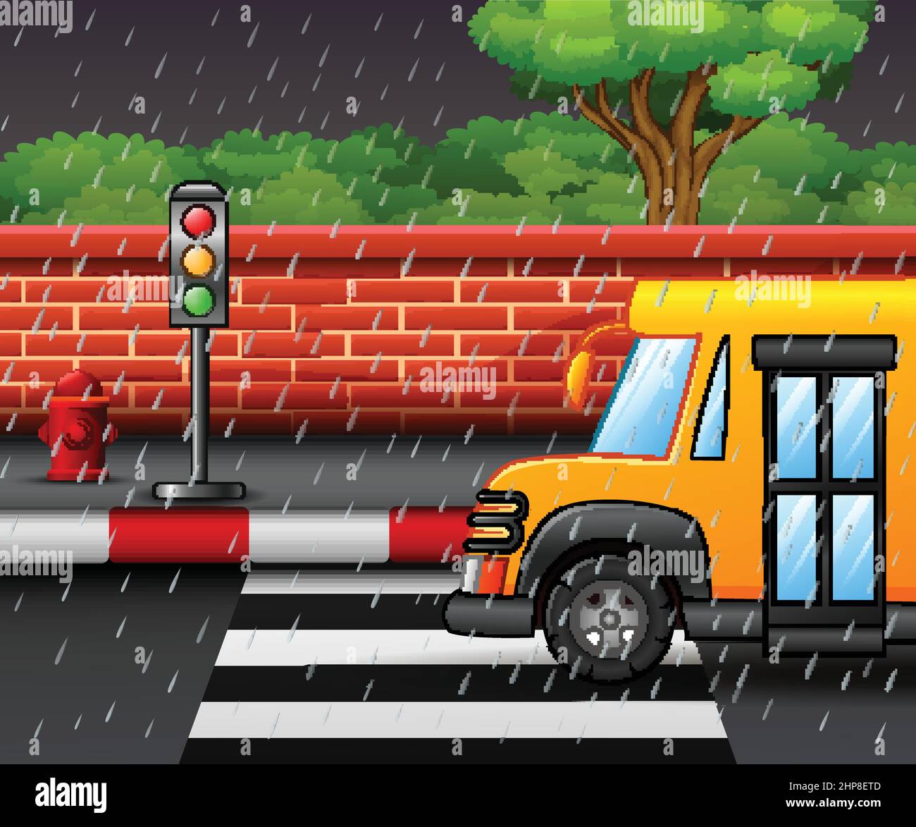 Cartoon of road scene with school bus and heavy rain Stock Vector Image ...