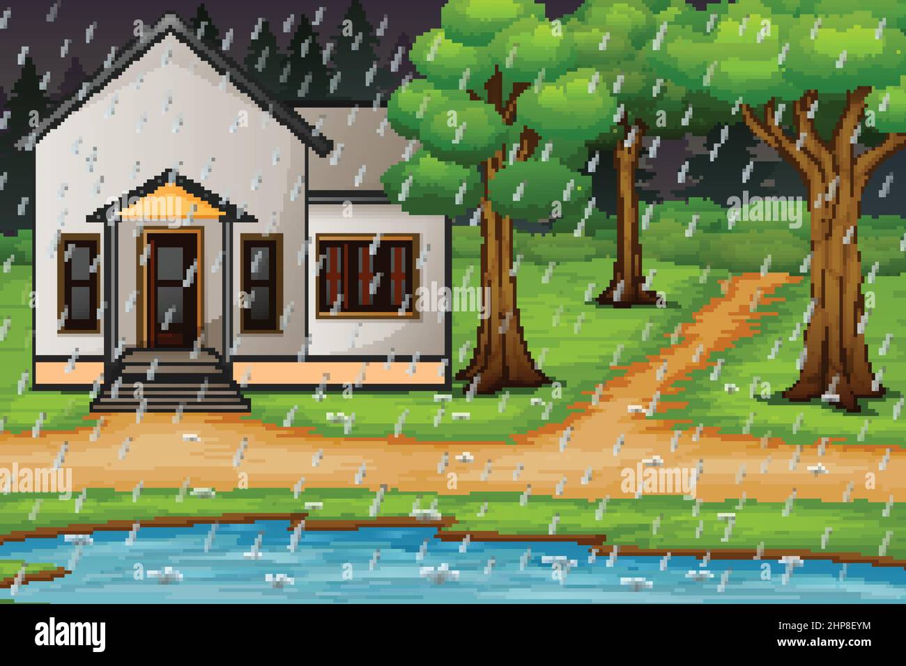 Background scene with house by the lake in the rain Stock Vector Image ...