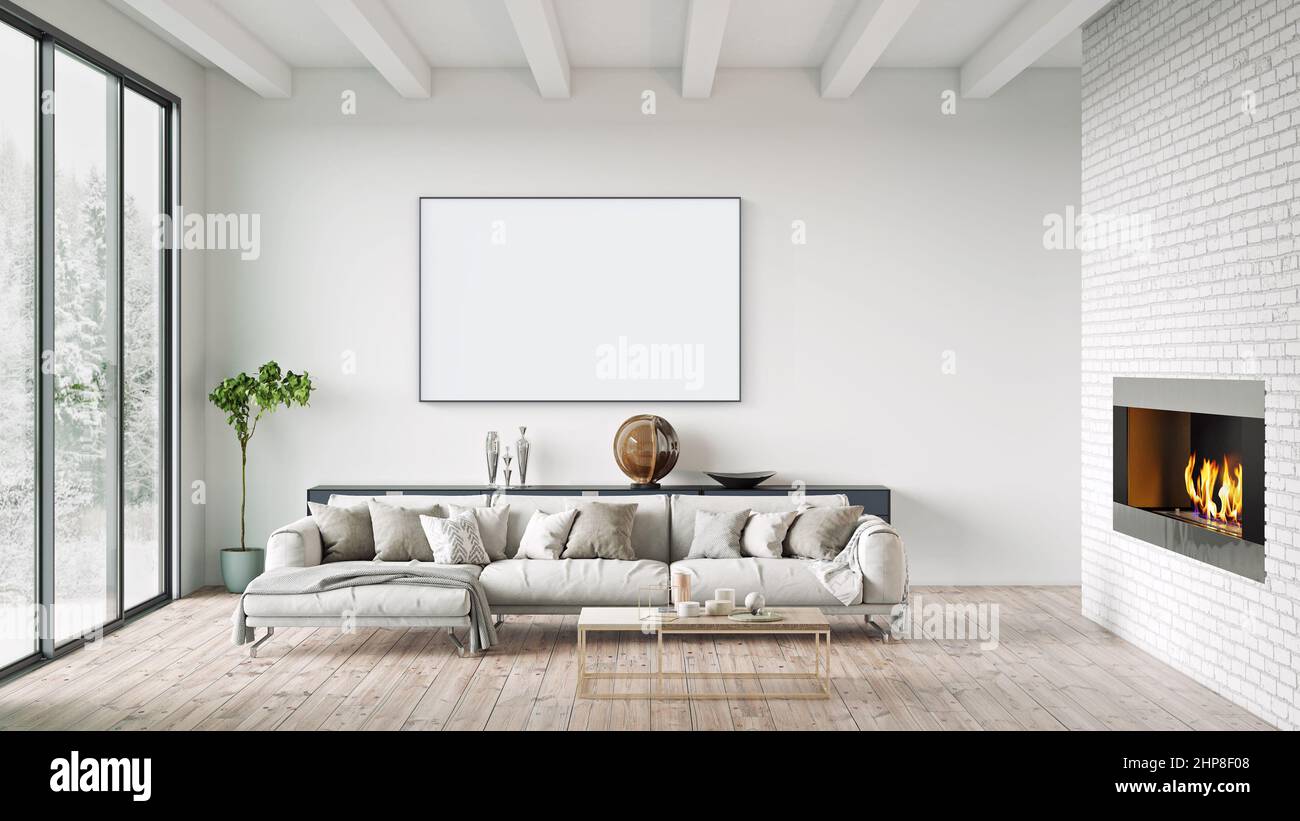 Mock up poster frame in modern interior background, living room ...