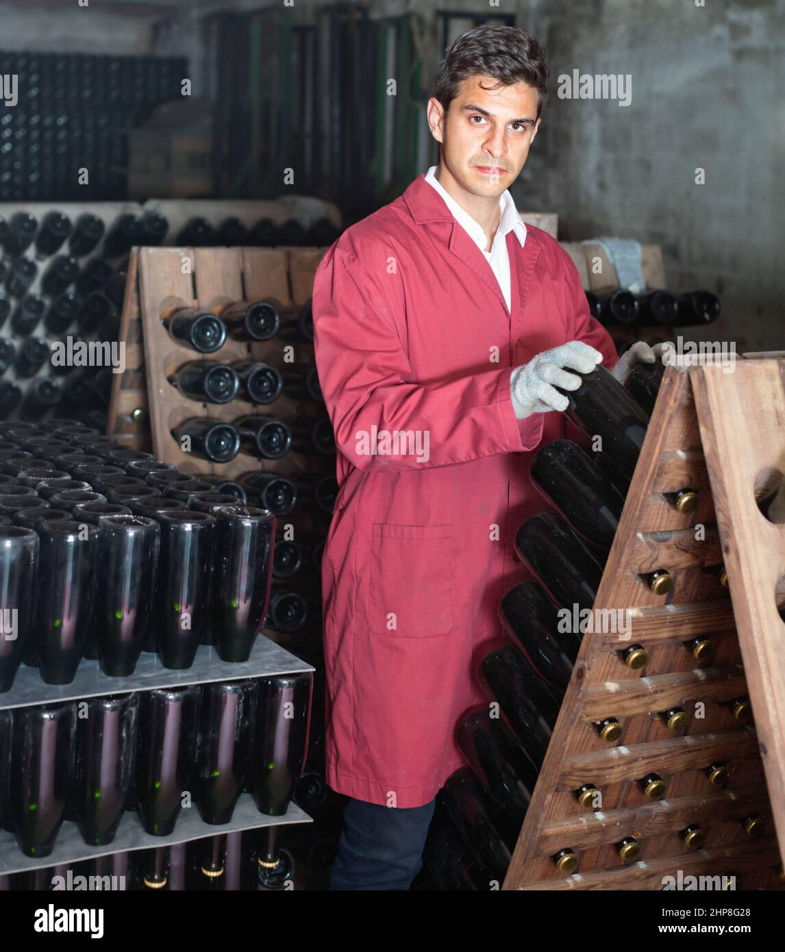 Man winery working in aging section with bottle racks in cellar Stock ...
