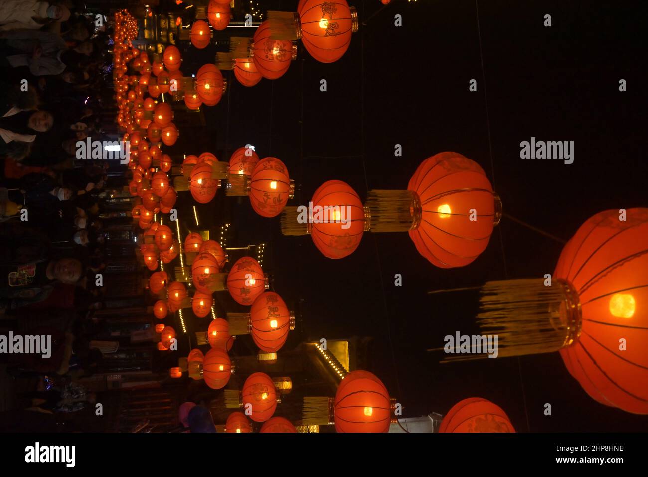 View of traditional Chinese lanterns hanging in the darkness Stock ...